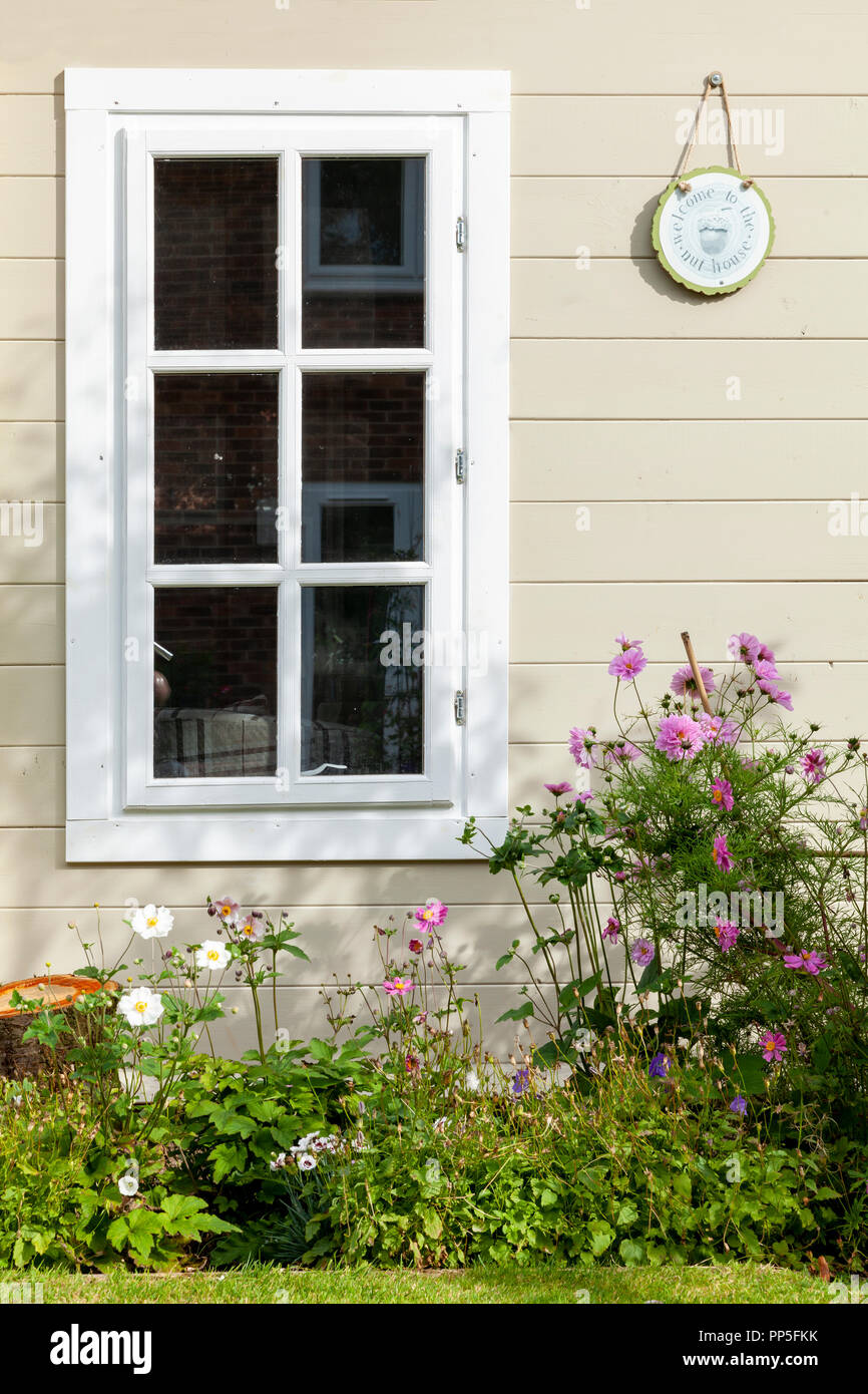 Summer flowers against a wooden summhouse building window in the garden ...