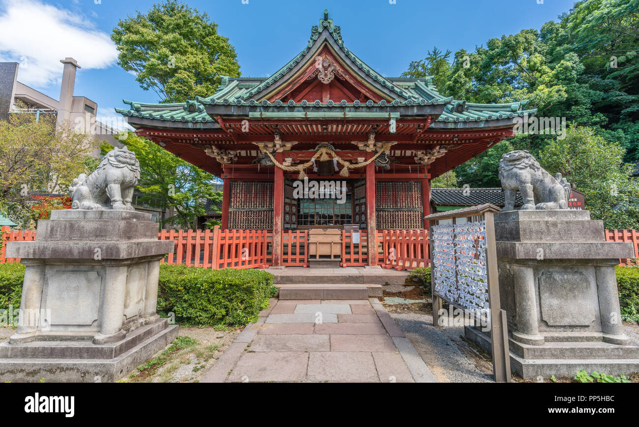 Komainu Lion-dog guardians at Main Hall (Honden) Ozaki Jinja. Shinto ...