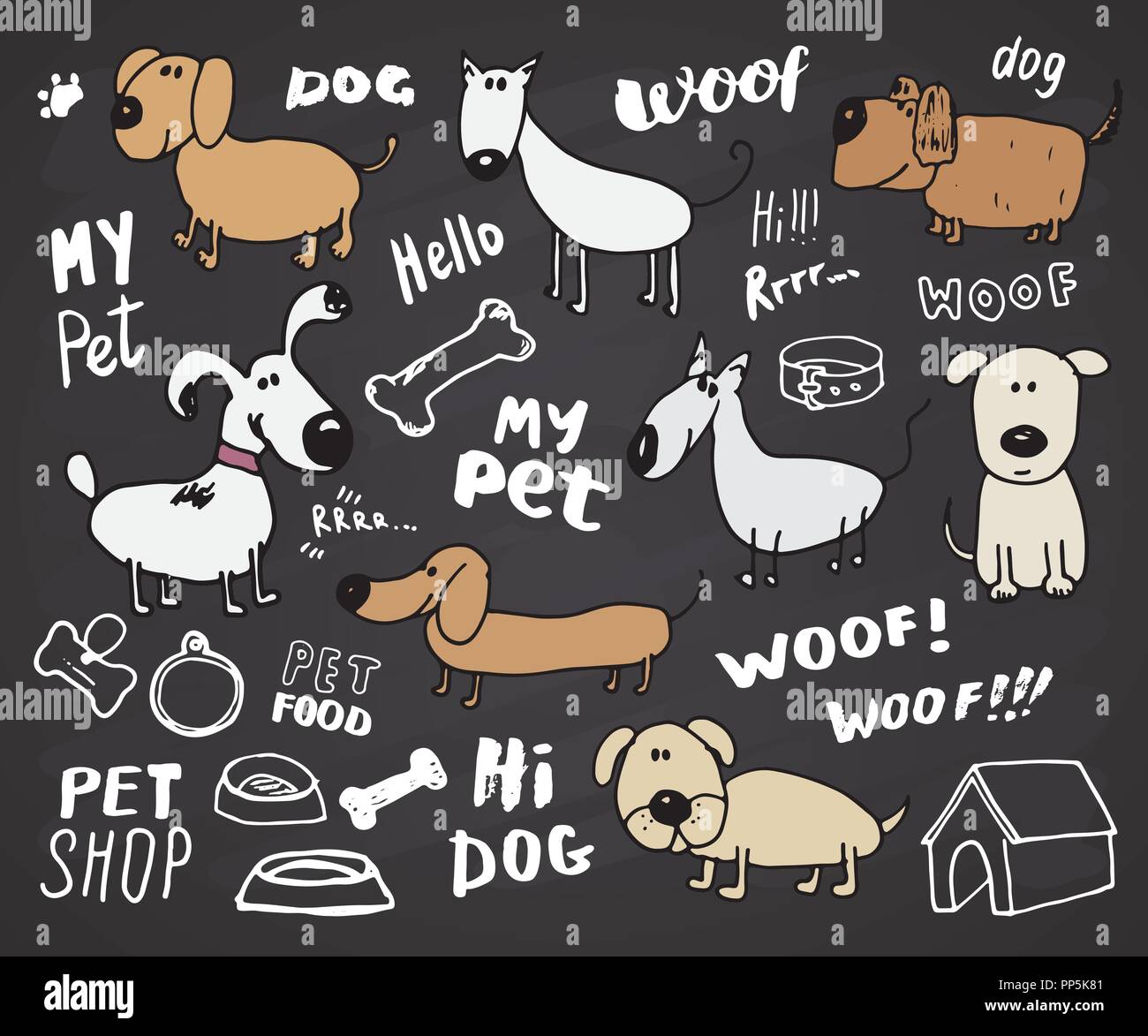 Funny Dogs doodle Set. Hand drawn sketched pets collection Vector ...