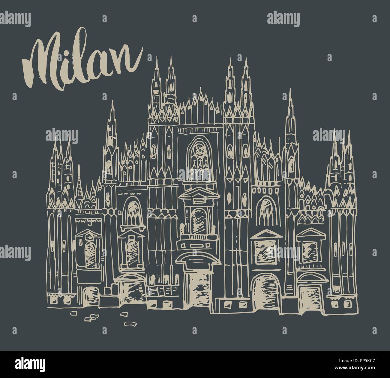 Duomo cathedral in Milan, Italy. Hand drawn sketch of Italian famous ...