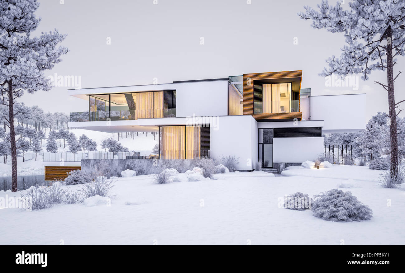 3d rendering of modern cozy house by the river with garage. Cool winter ...