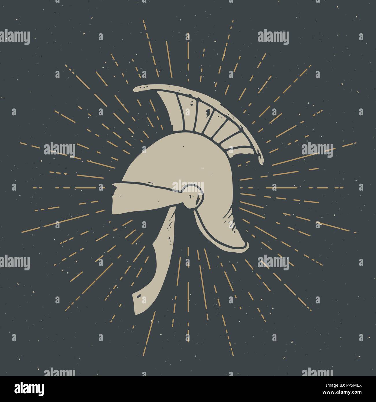 Ancient roman helmet vintage label, Hand drawn sketch, grunge textured ...