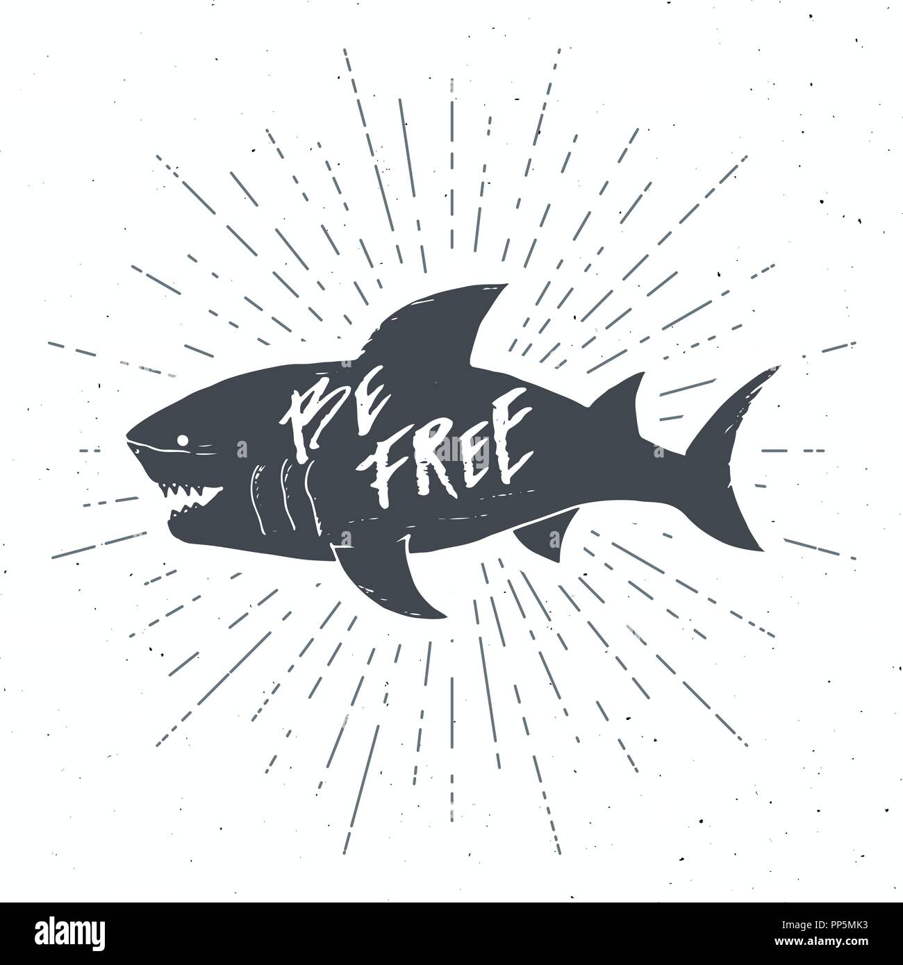 Shark silhouette vintage label, Hand drawn sketch, grunge textured ...