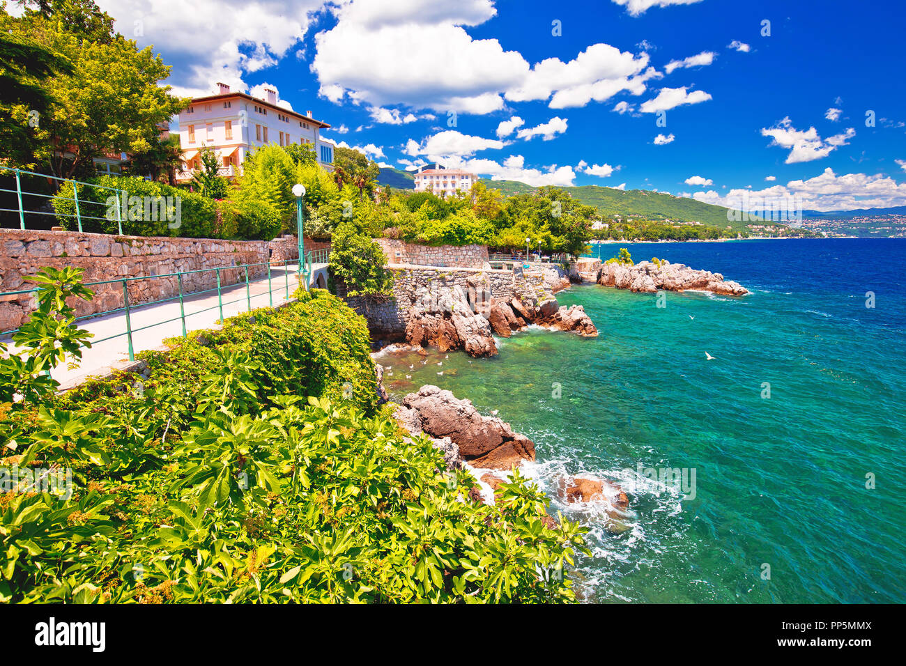 Lovran Lungomare sea walkway view, Kvarner bay of Croatia Stock Photo ...