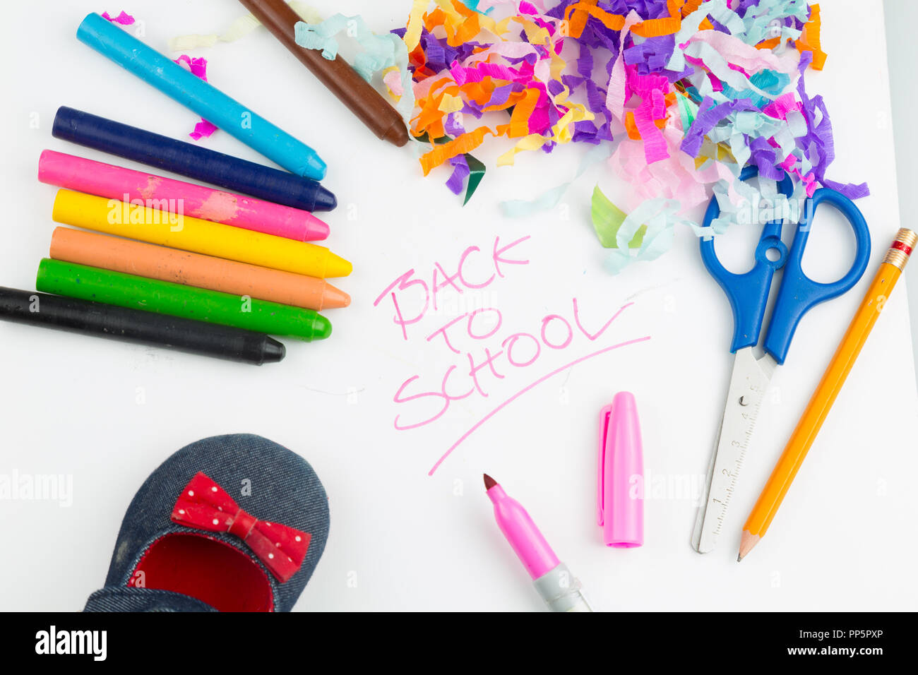 Back to school flat lay. School supplies top view and kid shoes Stock ...