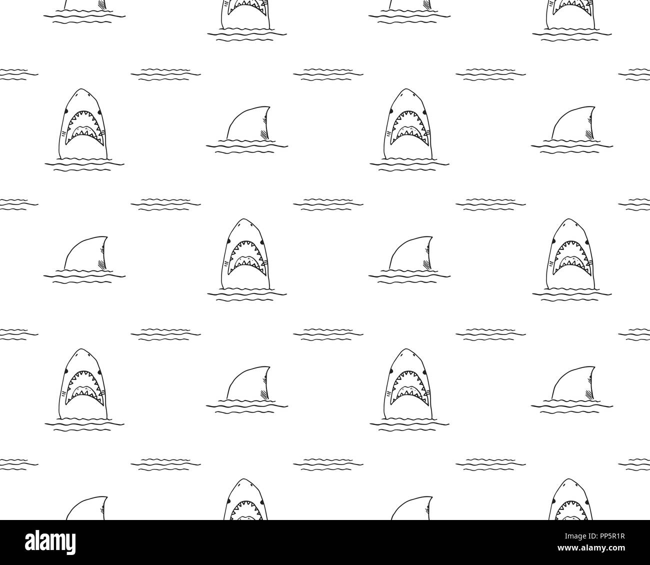 Shark seamless pattern, Hand drawn sketched doodle shark, vector ...