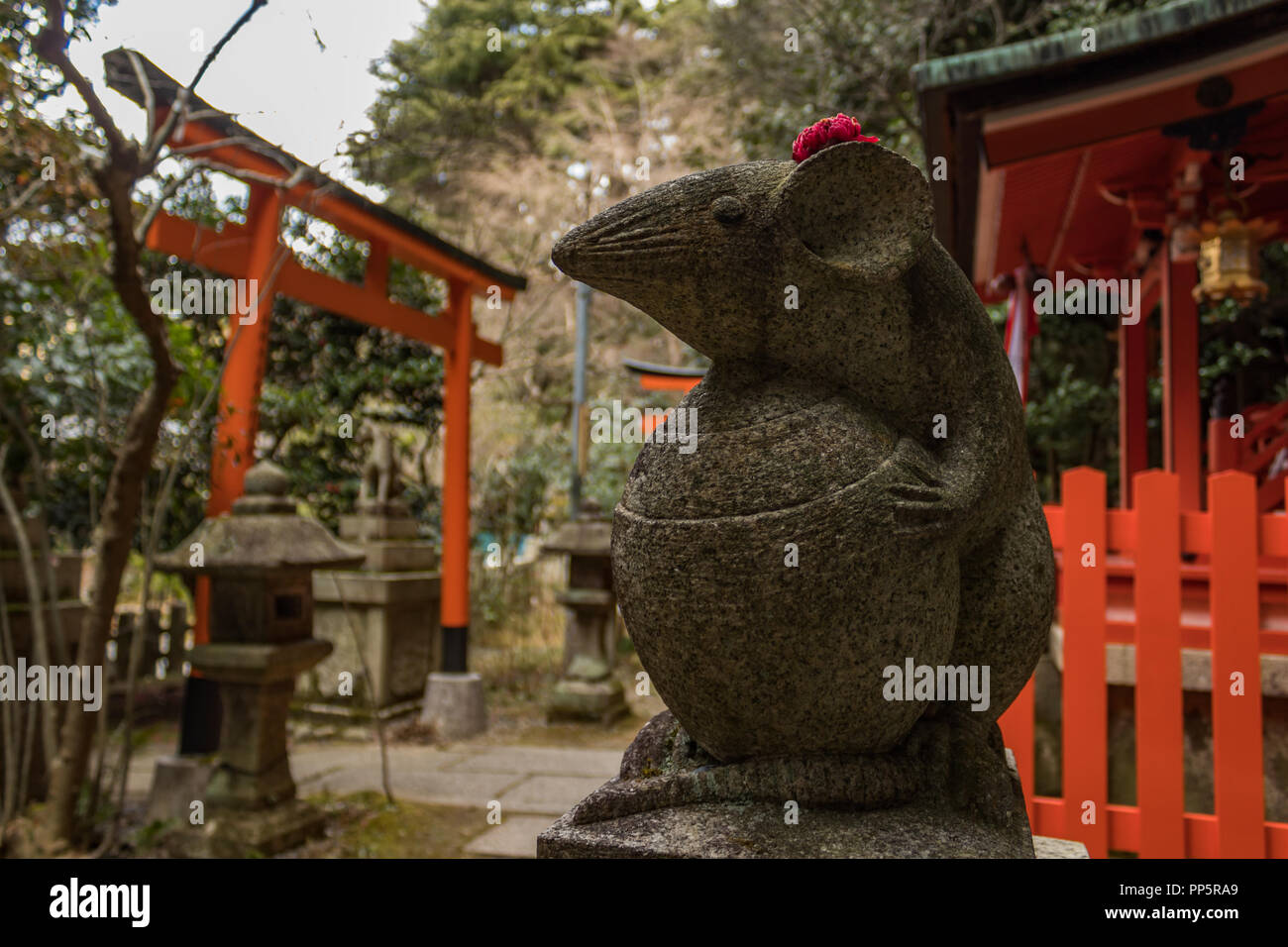 KYOTO, JAPAN - 08 FEB 2018: Mice statue close up and red torii on Otoyo ...