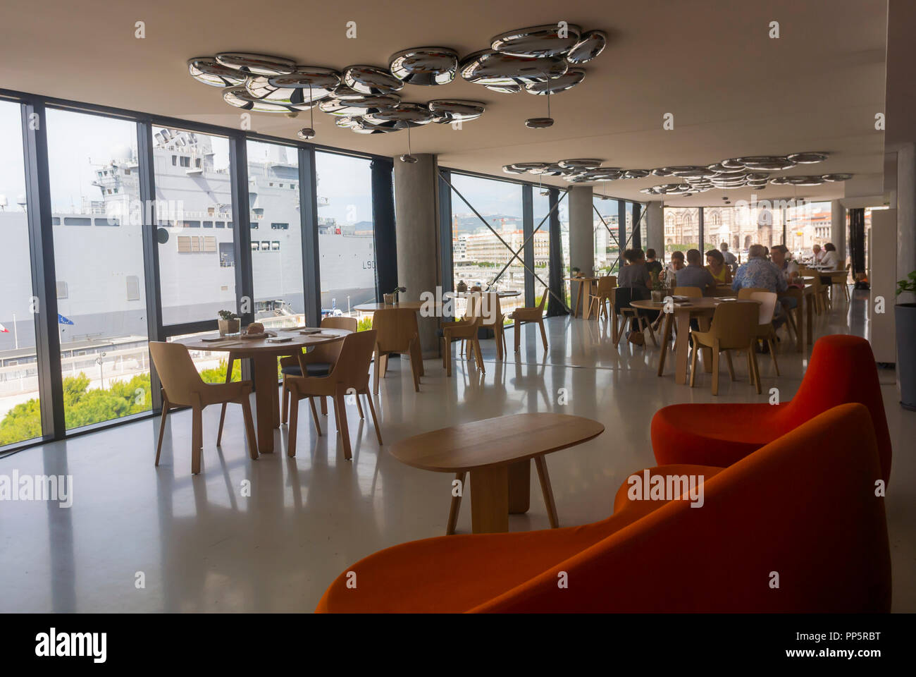 Marseille, FRANCE, Inside view, MUCEM Museum, empty french cafe ...