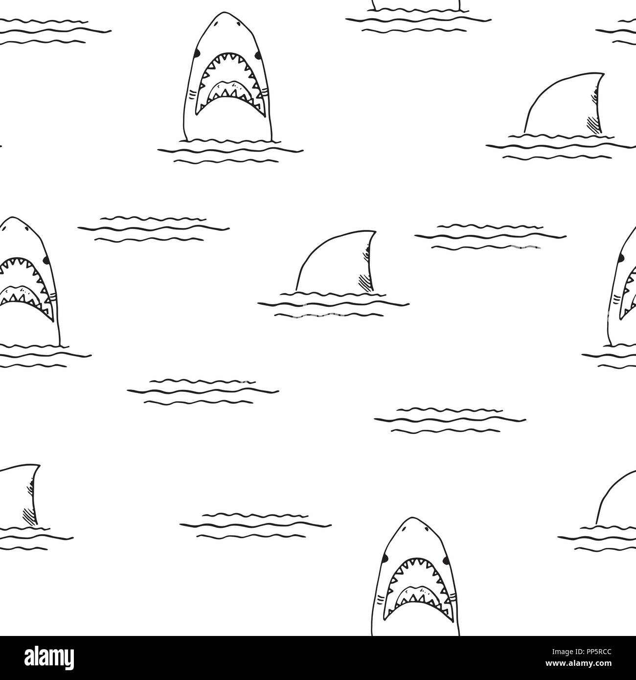 Shark seamless pattern, Hand drawn sketched doodle shark, vector ...