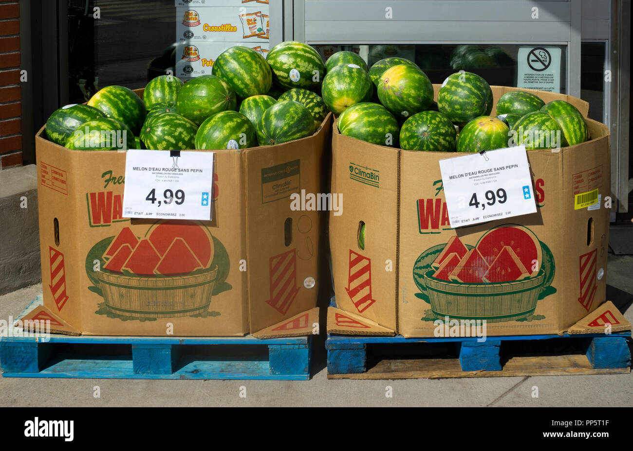 Two boxes of water melons outside a supermarket in Montreal, QC, Canada ...