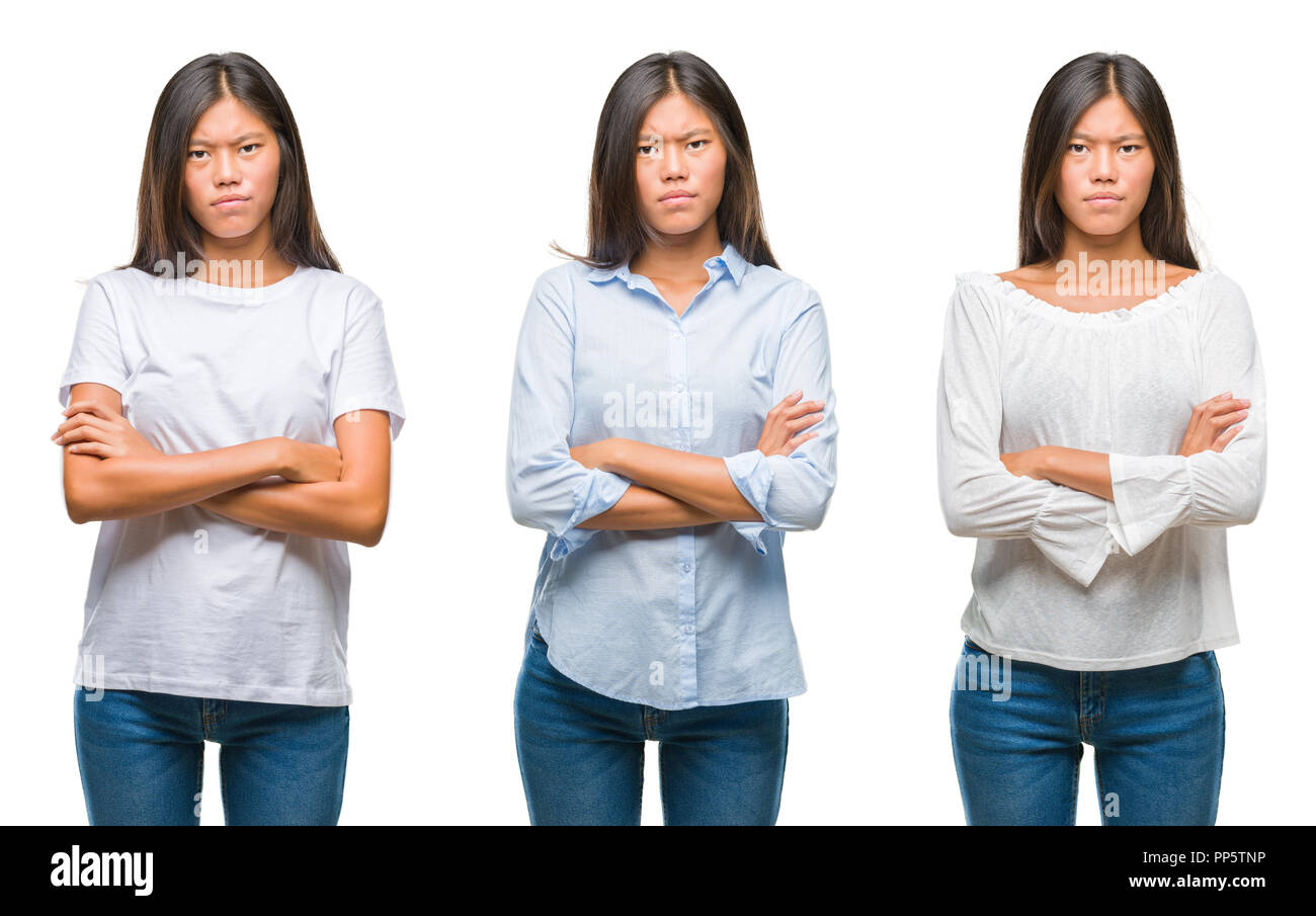 Collage of asian young woman standing over white isolated background ...