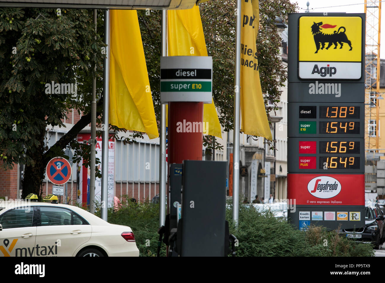 A logo sign outside of a Agip retail fuel station in Munich, Germany ...