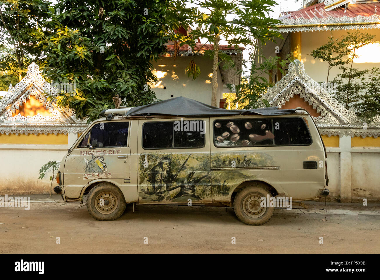 Hippie van with cowboys and indian decoration in Pai, Thailand Stock ...
