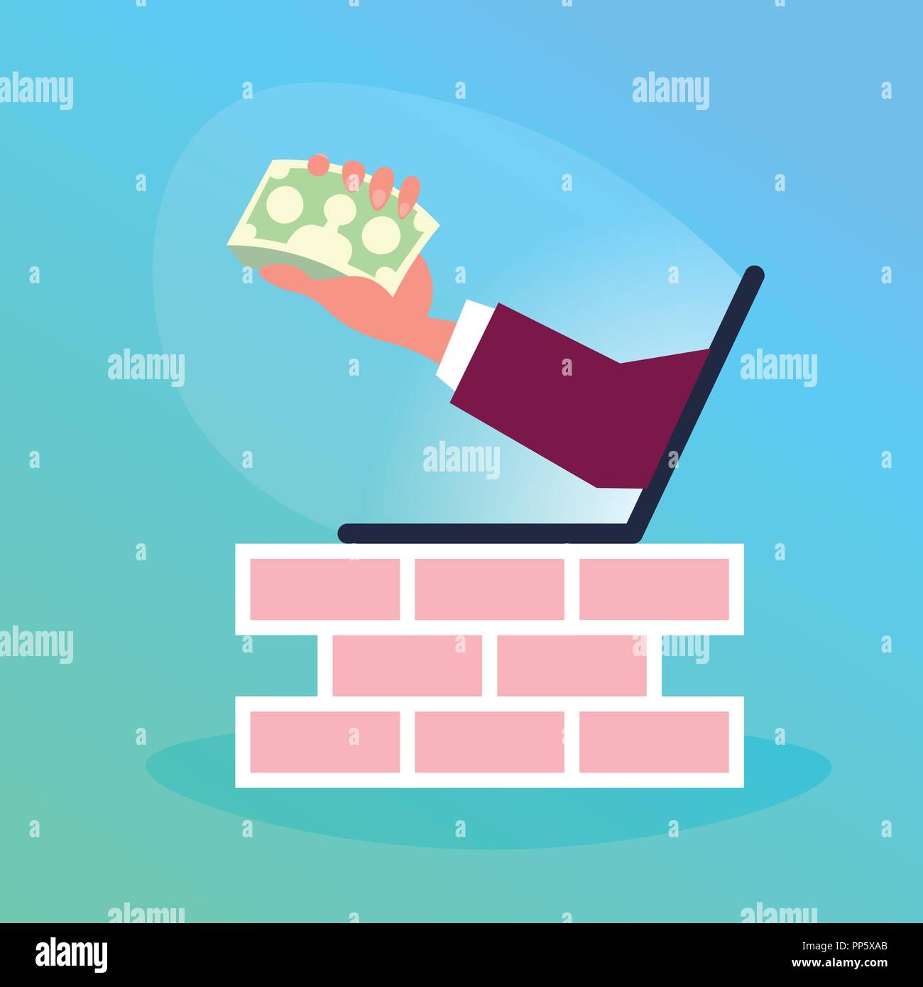 human hand getting money from laptop monitor screen online banking ...