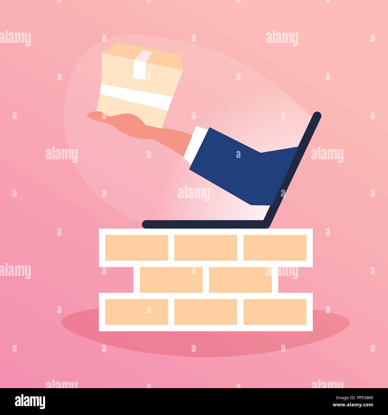 human hand from laptop screen holding parcel paper box fast delivery ...