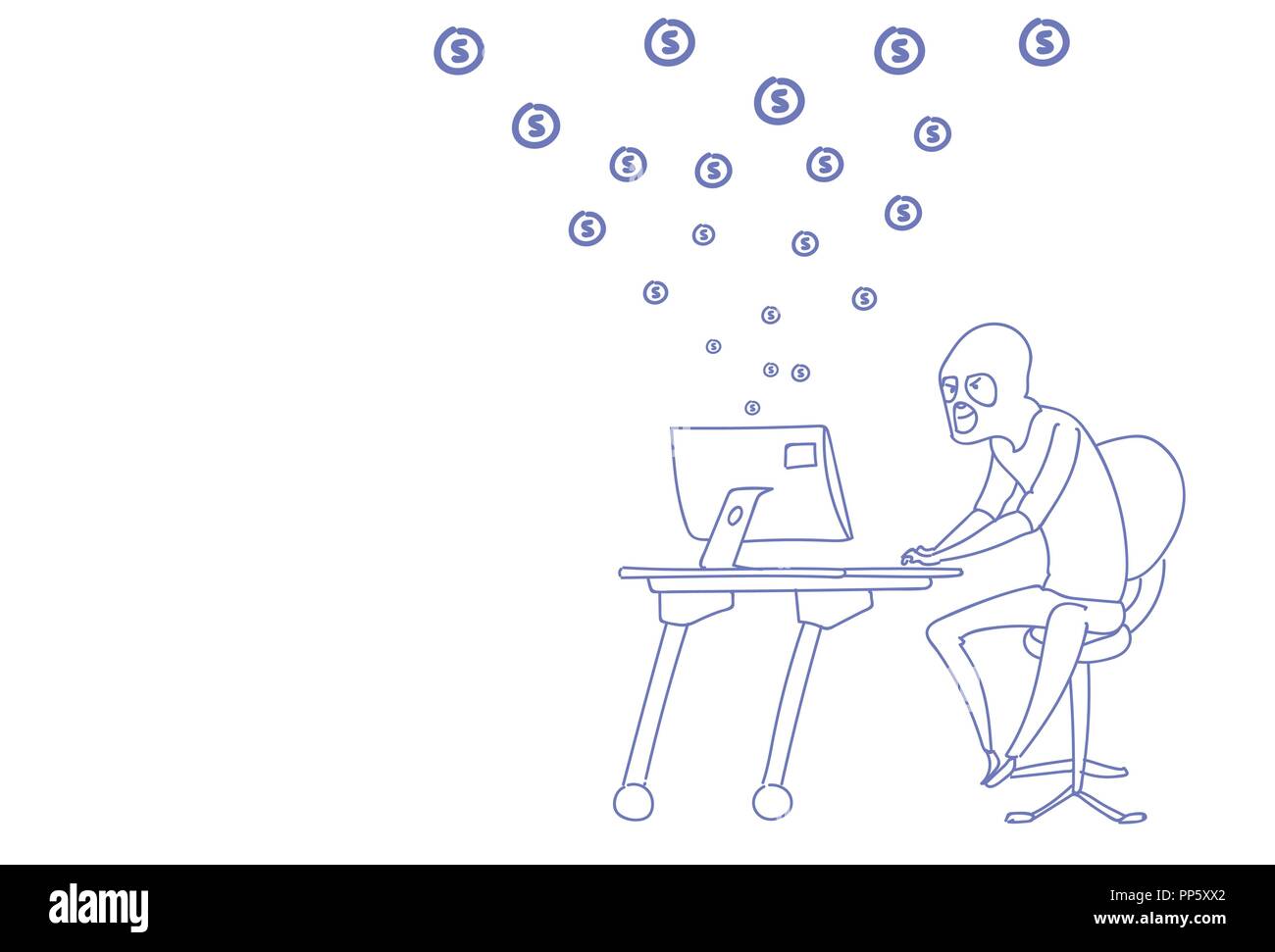 Man mask sitting computer hacker activity stealing money concept ...