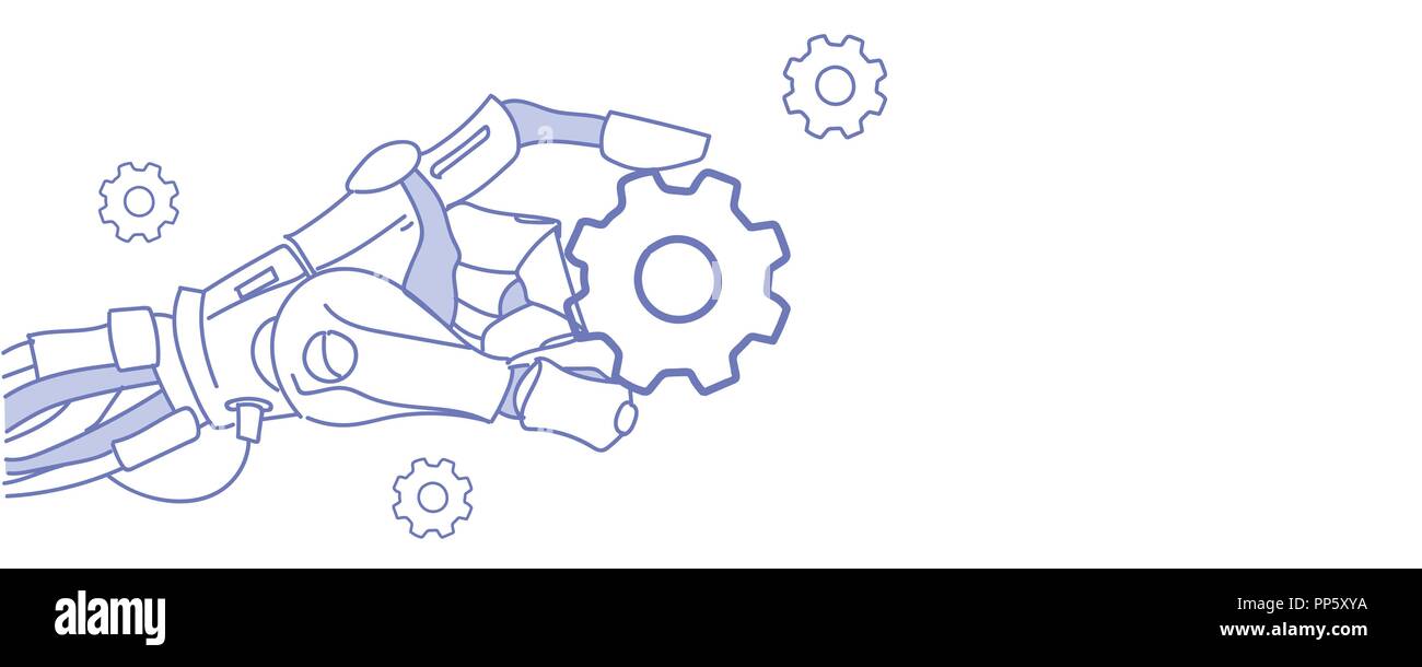 robot hand holding cog wheel virtual assistance repair support concept ...