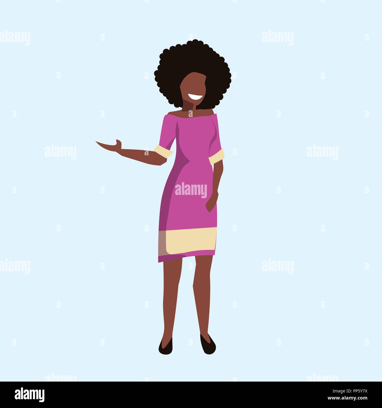 African American Woman Standing Pose Pointing Something Happy Lady Female Cartoon Character Full 