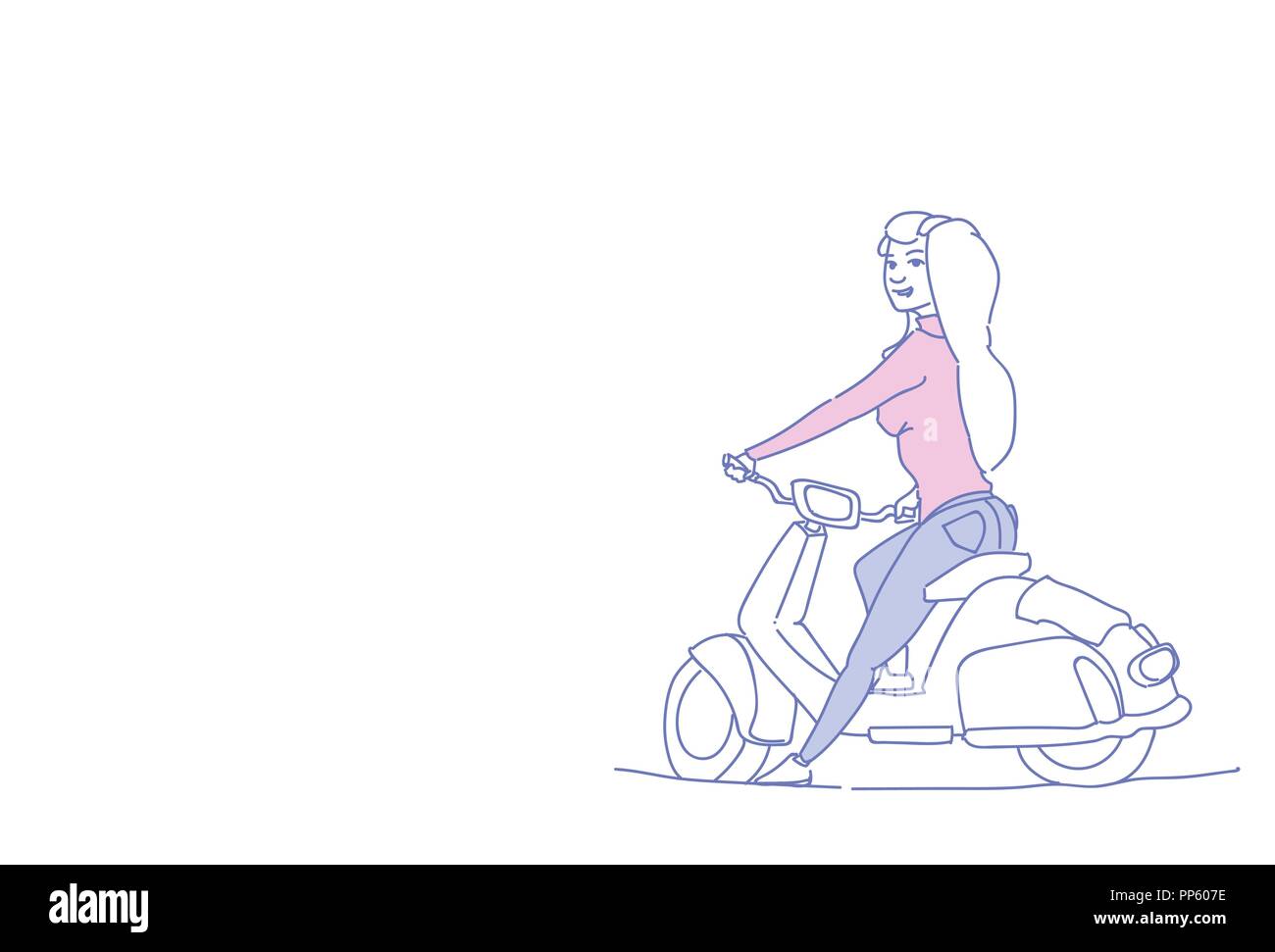 young girl riding electric scooter vintage motorcycle isolated sketch ...