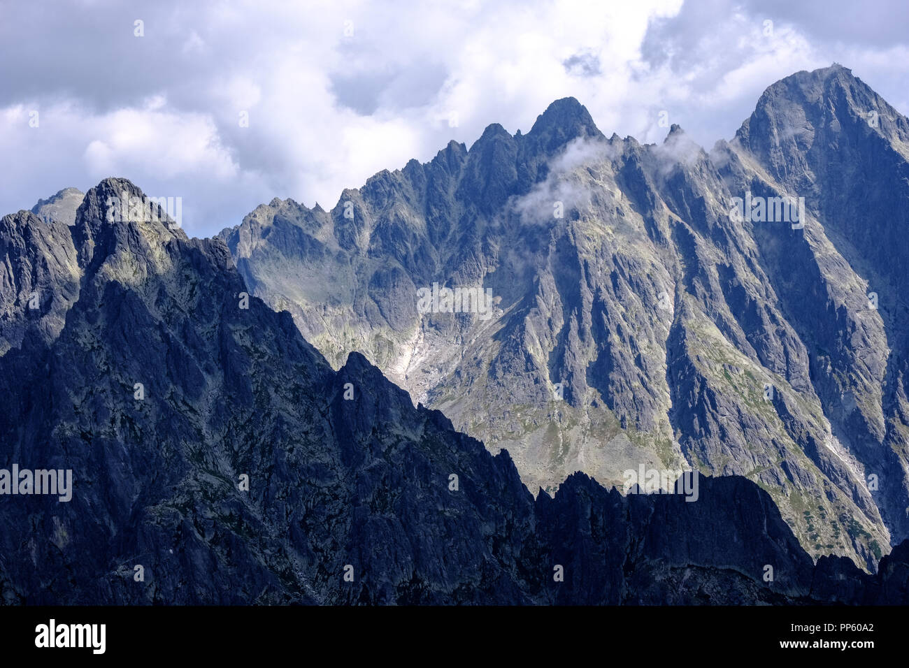 rocky sharp mountain tops in Tatra mountains in Slovakia with clouds ...