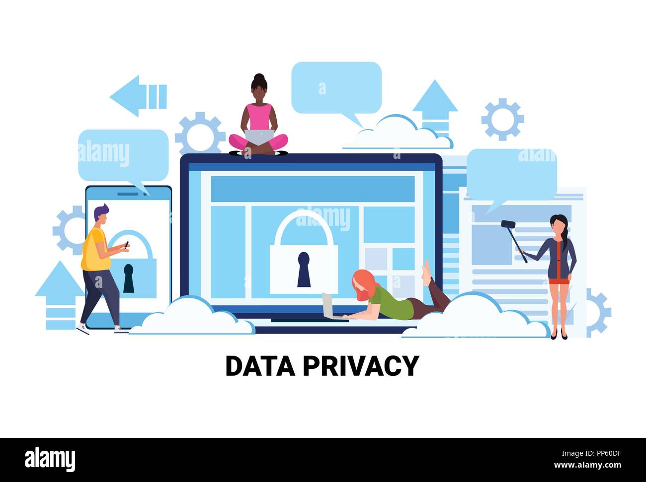 people group padlock computer screen data protection privacy concept ...