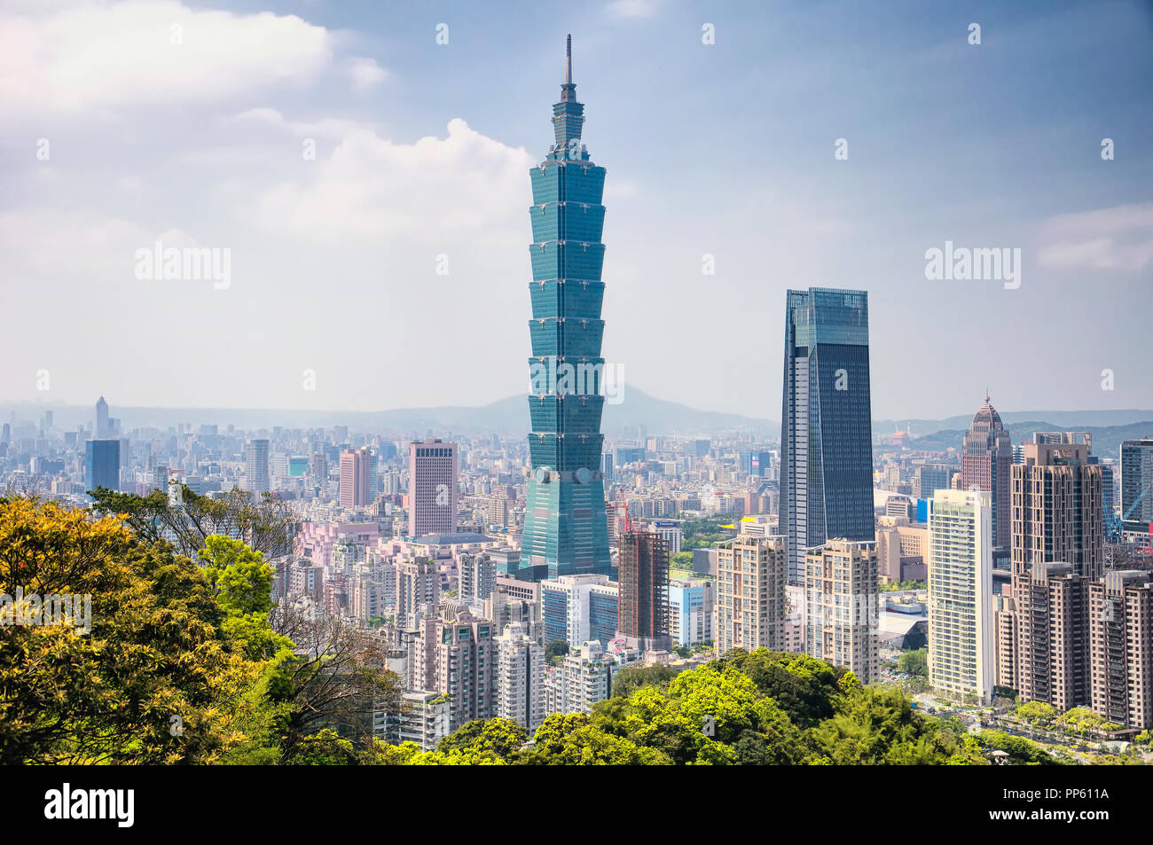 April 1, 2018. Taipei, Taiwan. The Taipei 101 landmark building rising ...