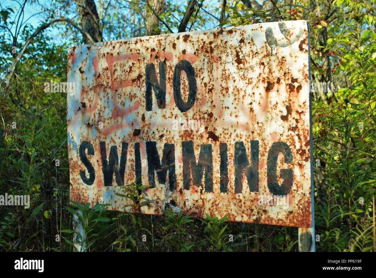 rusty old no swimming sign in the woods Stock Photo - Alamy