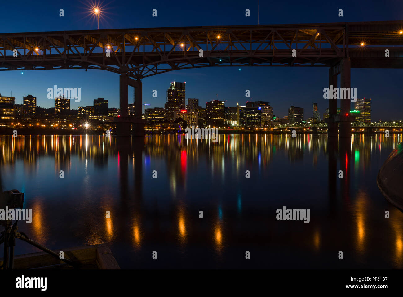 Night cityscape of Portland Oregon showing the Marquam Bridge and ...