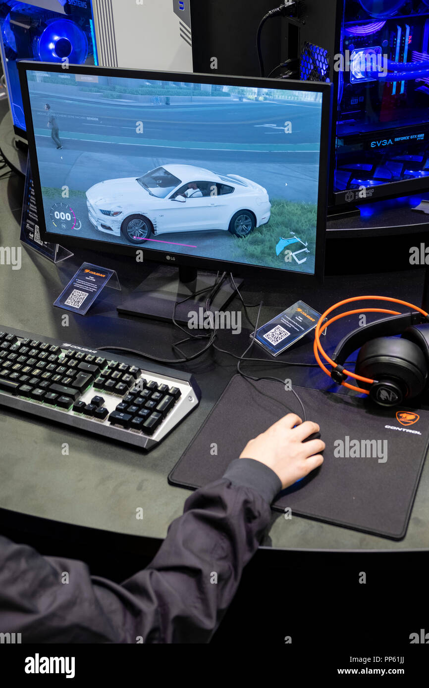 Teenagers play a computer car racing game at the world's largest fair ...