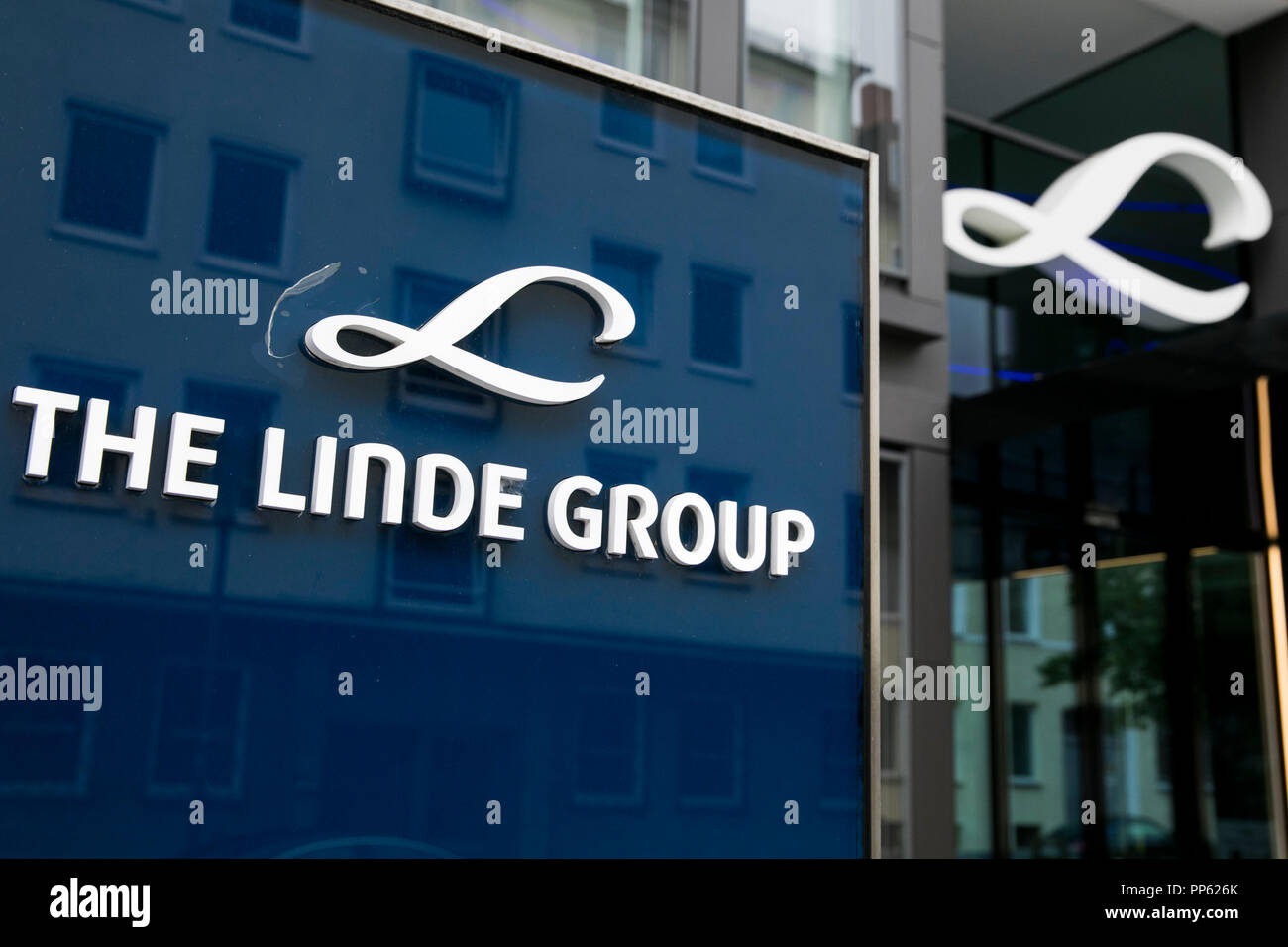 A logo sign outside of the headquarters of The Linde Group in Munich ...