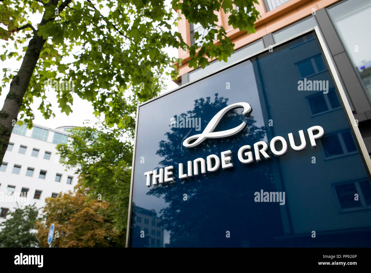 A logo sign outside of the headquarters of The Linde Group in Munich ...