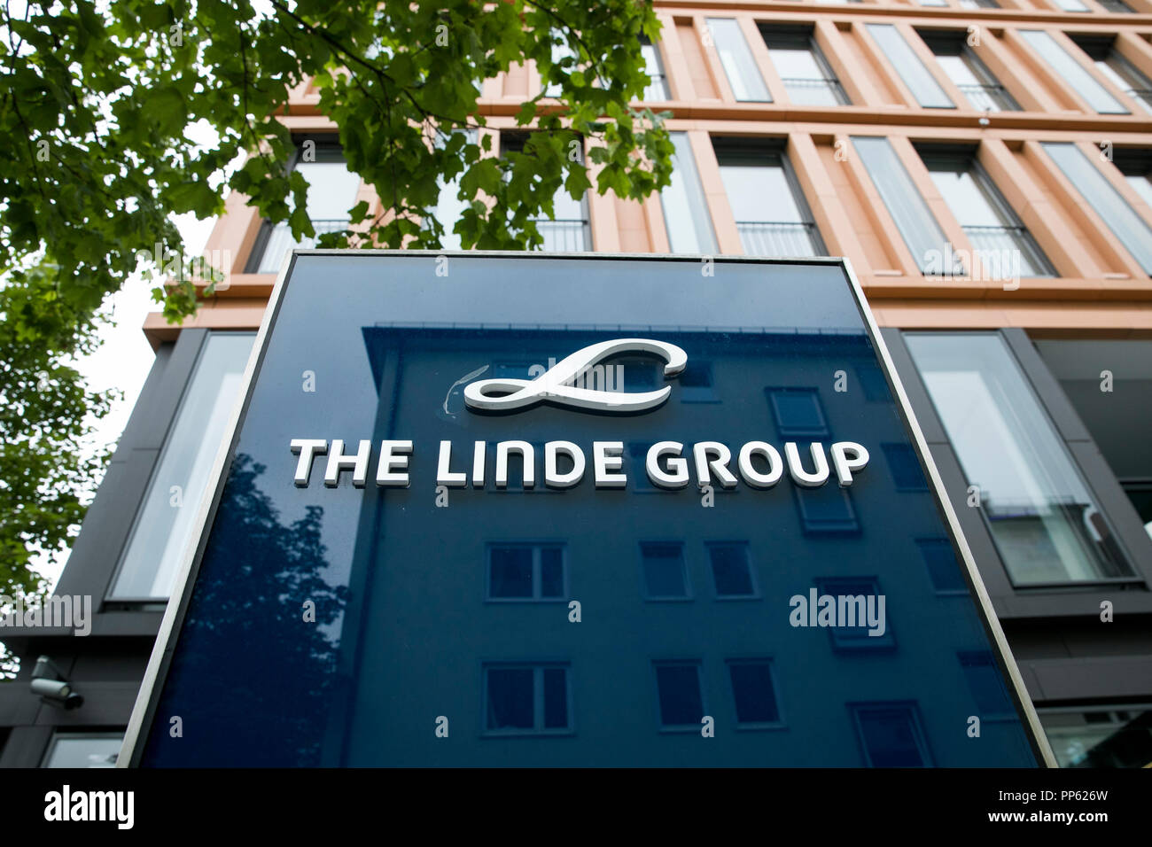 A logo sign outside of the headquarters of The Linde Group in Munich ...