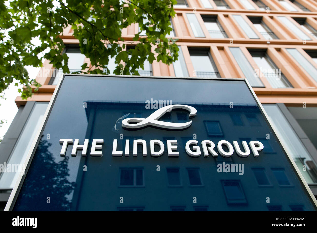 A logo sign outside of the headquarters of The Linde Group in Munich ...