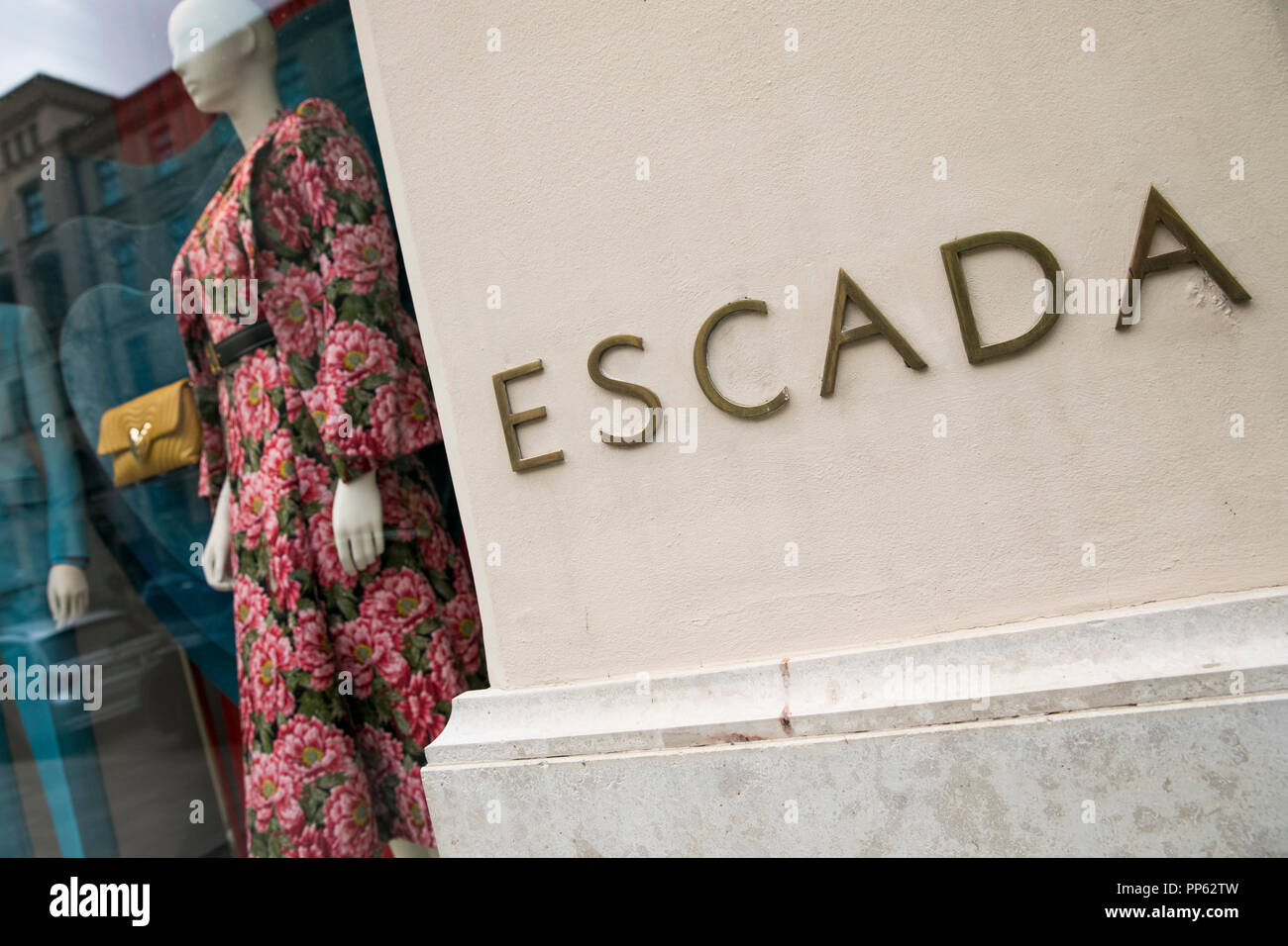 A logo sign outside of a Escada retail store in Munich, Germany, on ...