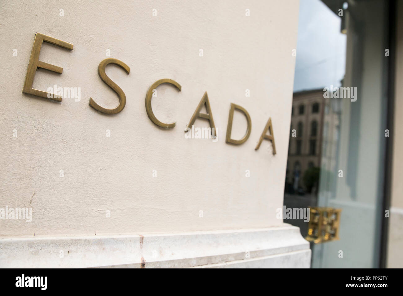 A logo sign outside of a Escada retail store in Munich, Germany, on ...