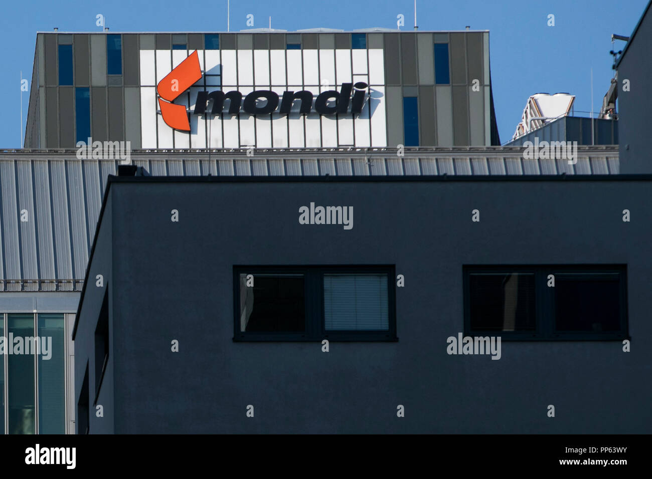 A logo sign outside of the headquarters of Mondi in Vienna, Austria, on ...
