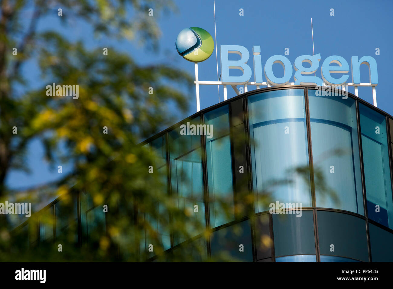 A logo sign outside of a facility occupied by Biogen in Vienna, Austria ...