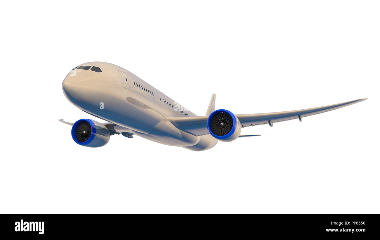 Commercial jet plane isolated on white. 3D render. Bottom view side ...