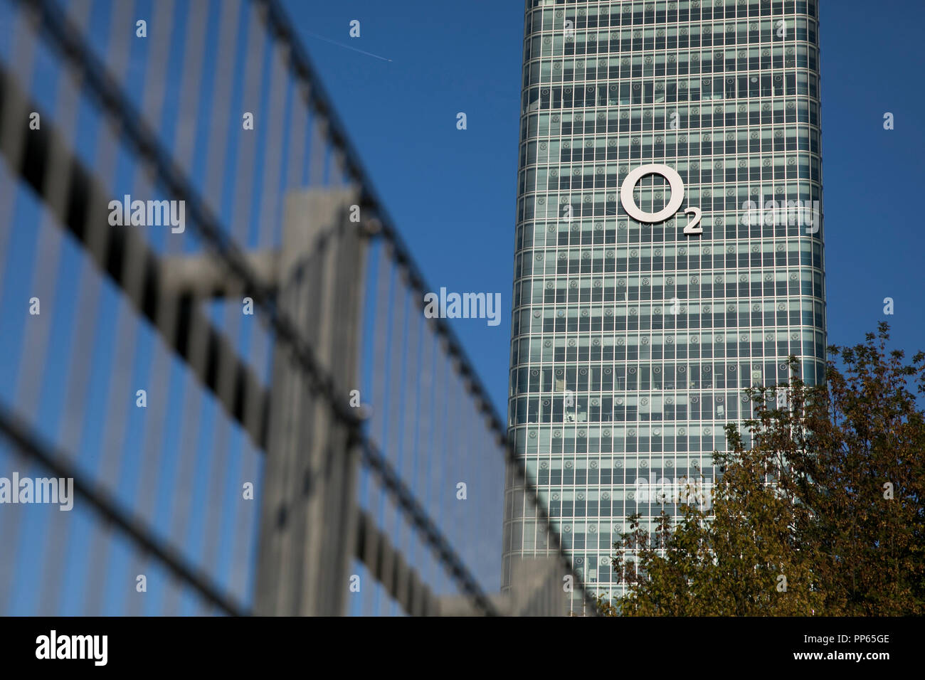A logo sign outside of a facility occupied by Telefónica Europe (O2) in ...