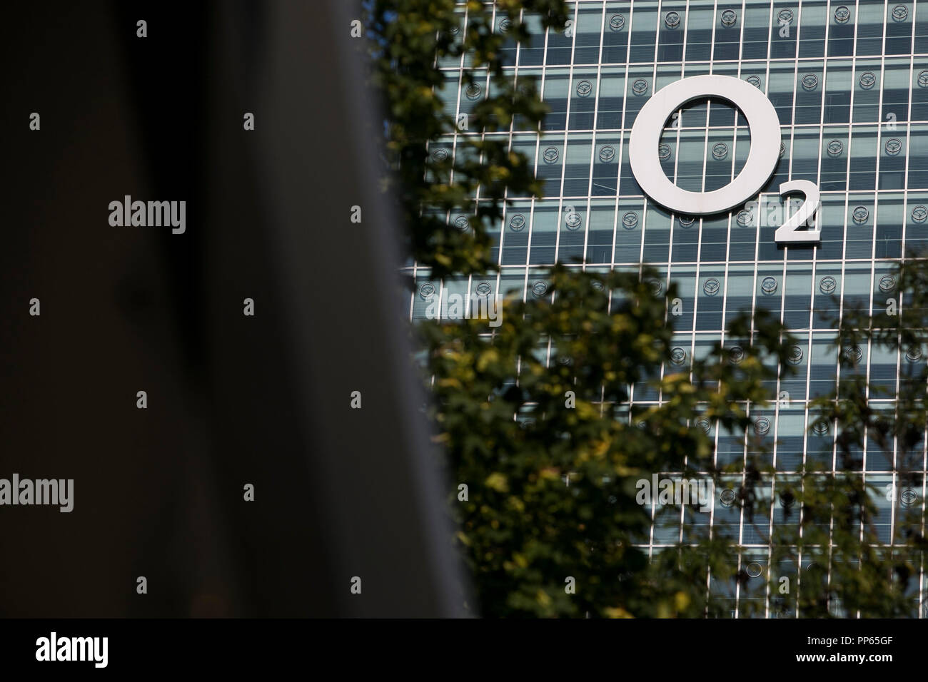 A logo sign outside of a facility occupied by Telefónica Europe (O2) in ...