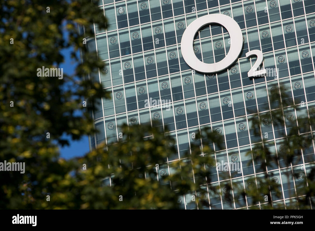 A logo sign outside of a facility occupied by Telefónica Europe (O2) in ...