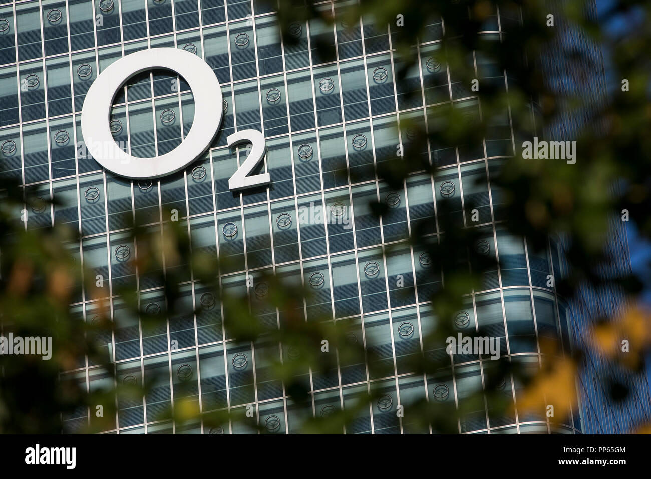 A logo sign outside of a facility occupied by Telefónica Europe (O2) in ...