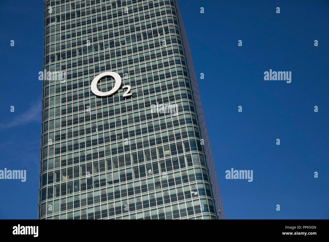 A logo sign outside of a facility occupied by Telefónica Europe (O2) in ...