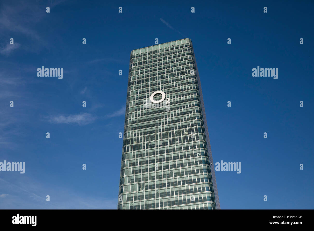 A logo sign outside of a facility occupied by Telefónica Europe (O2) in ...