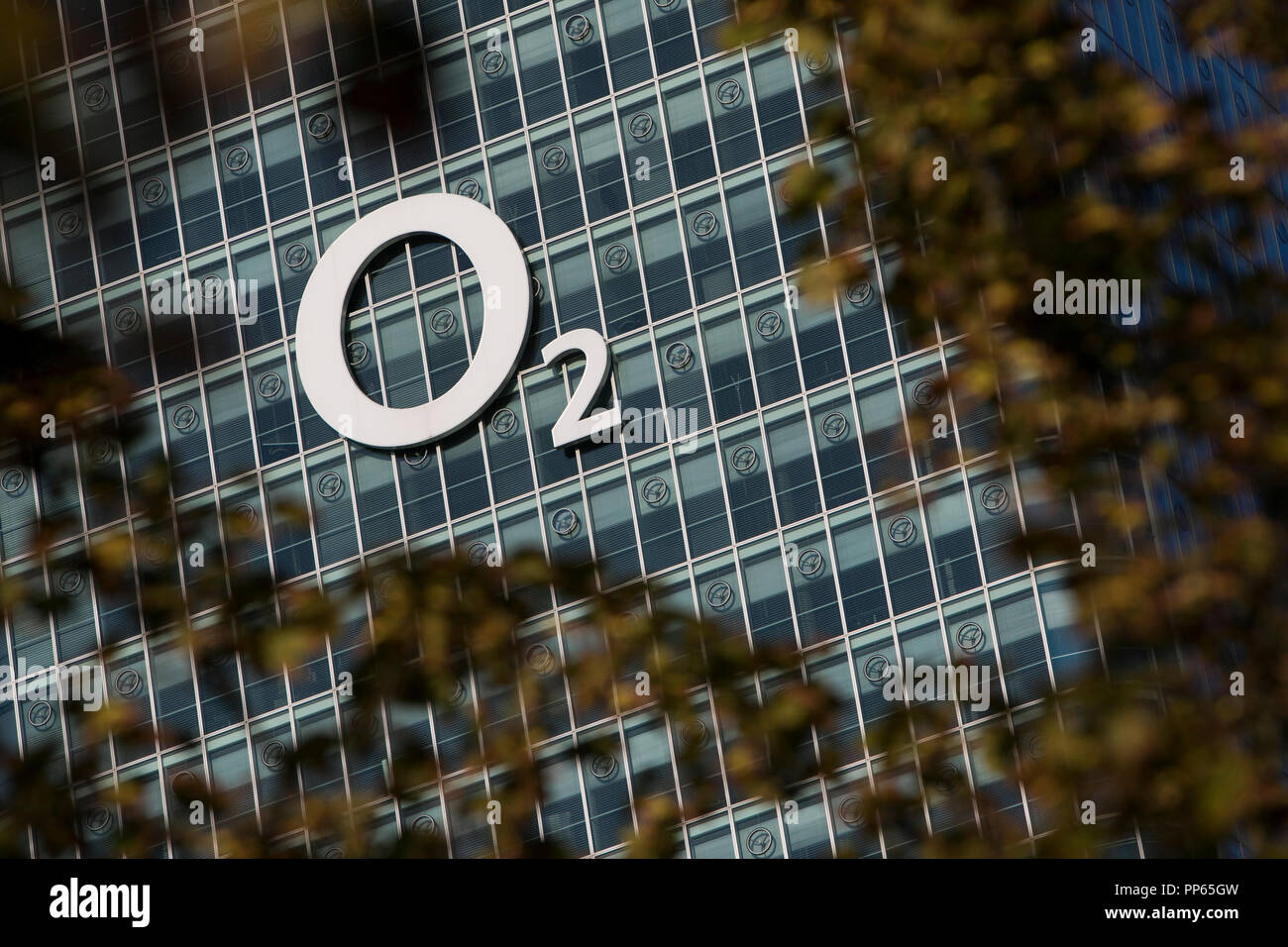 A logo sign outside of a facility occupied by Telefónica Europe (O2) in ...