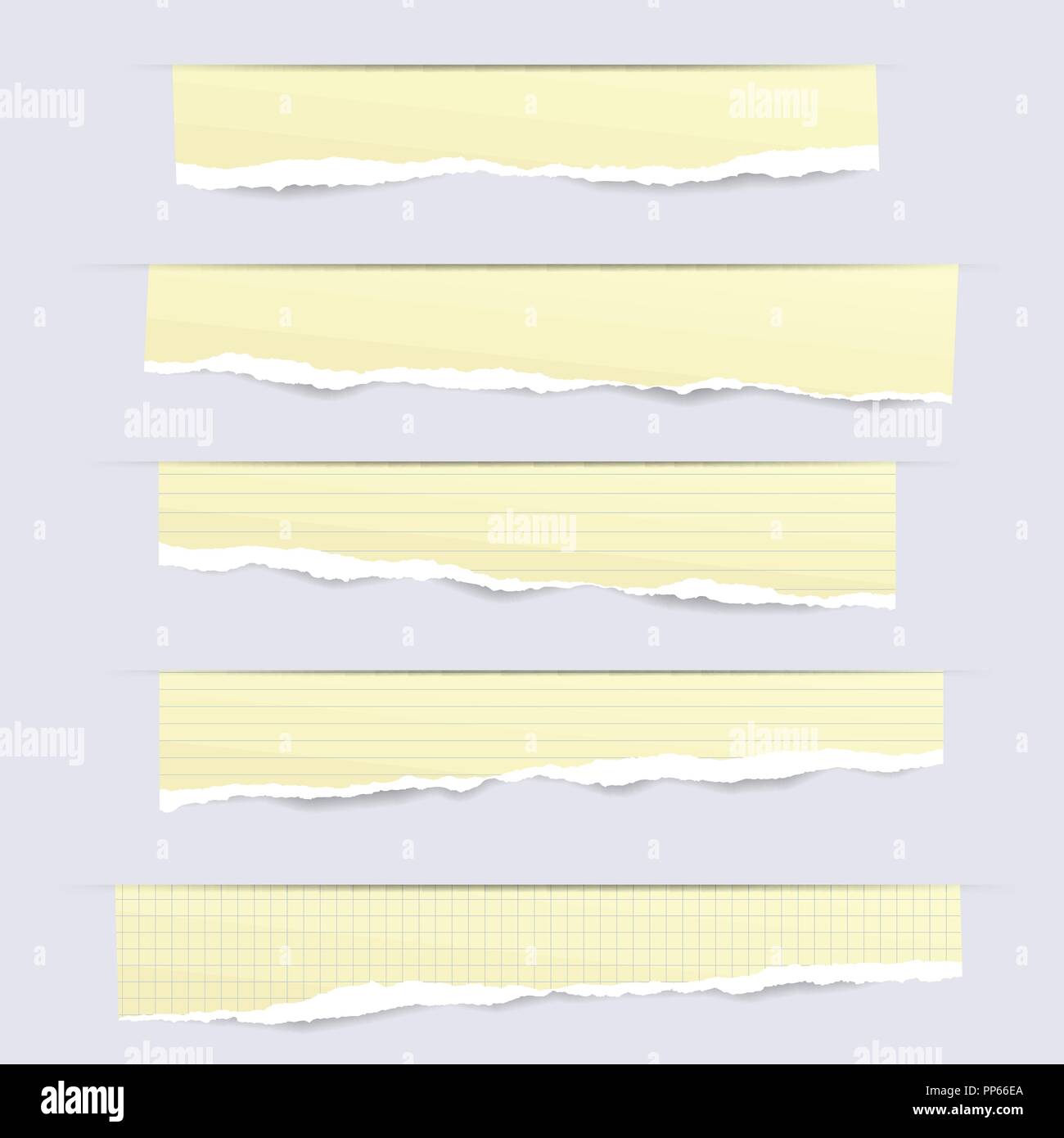 Yellow horizontal ripped strips, note paper for text or message on gray ...