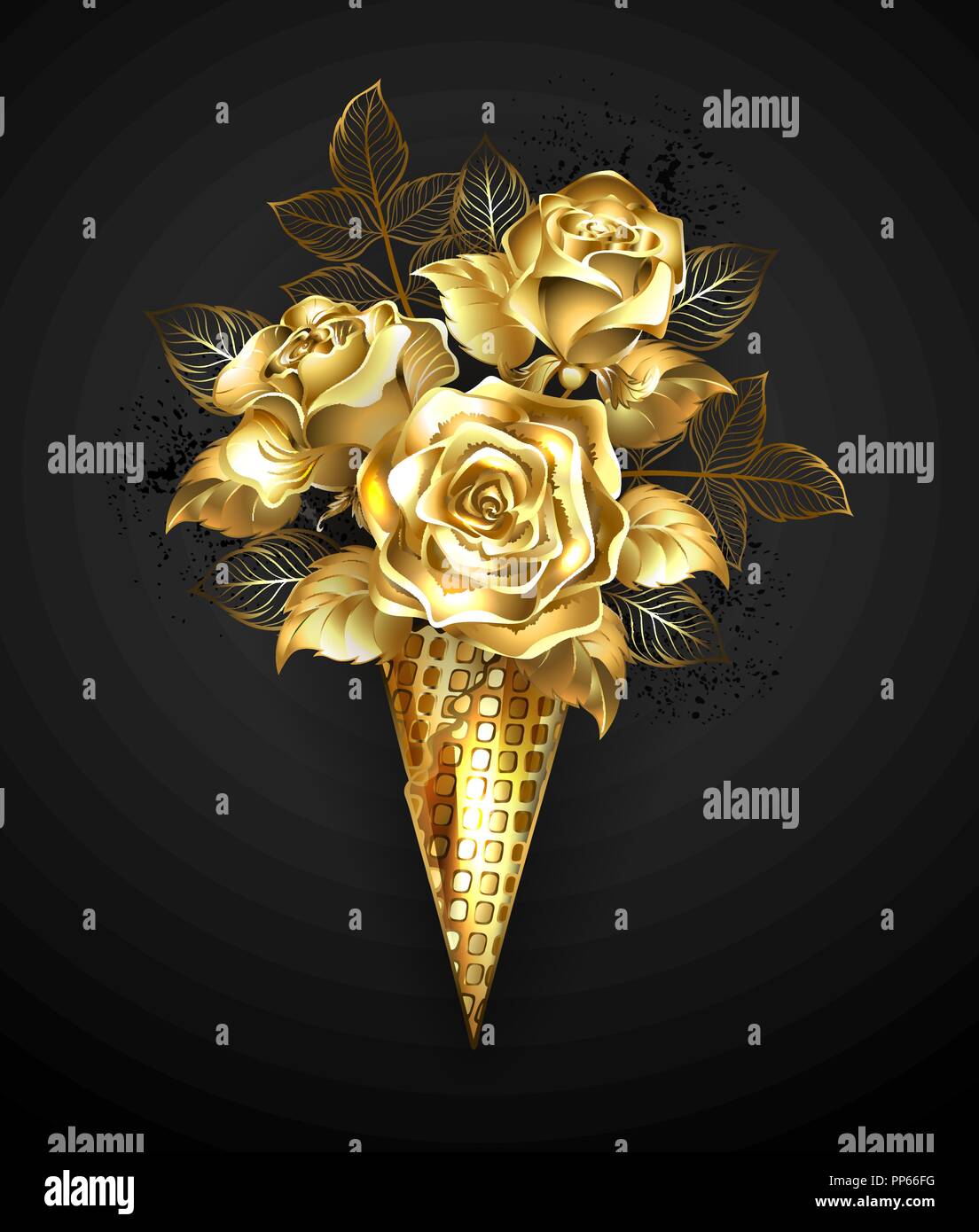Bouquet of golden, jewelry roses in gold waffle horn on black ...