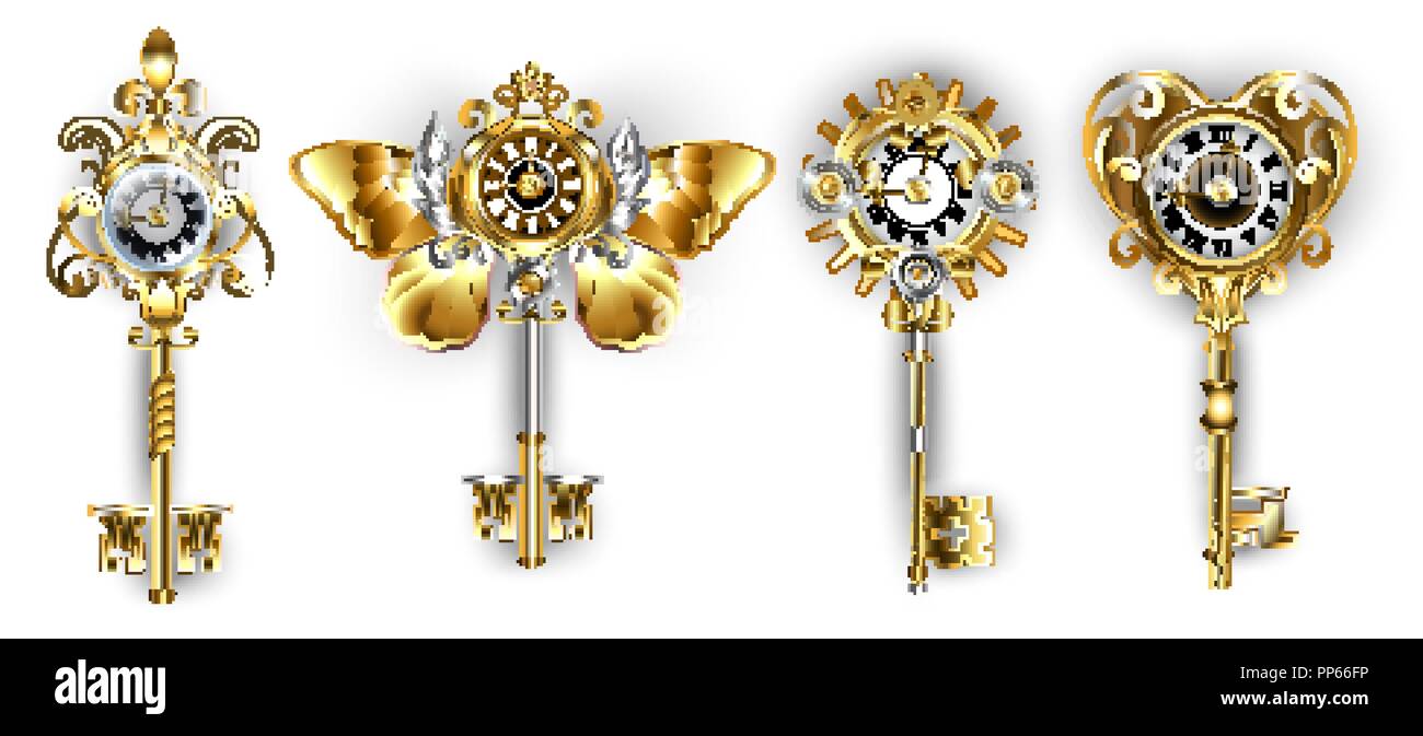 Set of antique, gold and silver keys decorated with dials on white ...