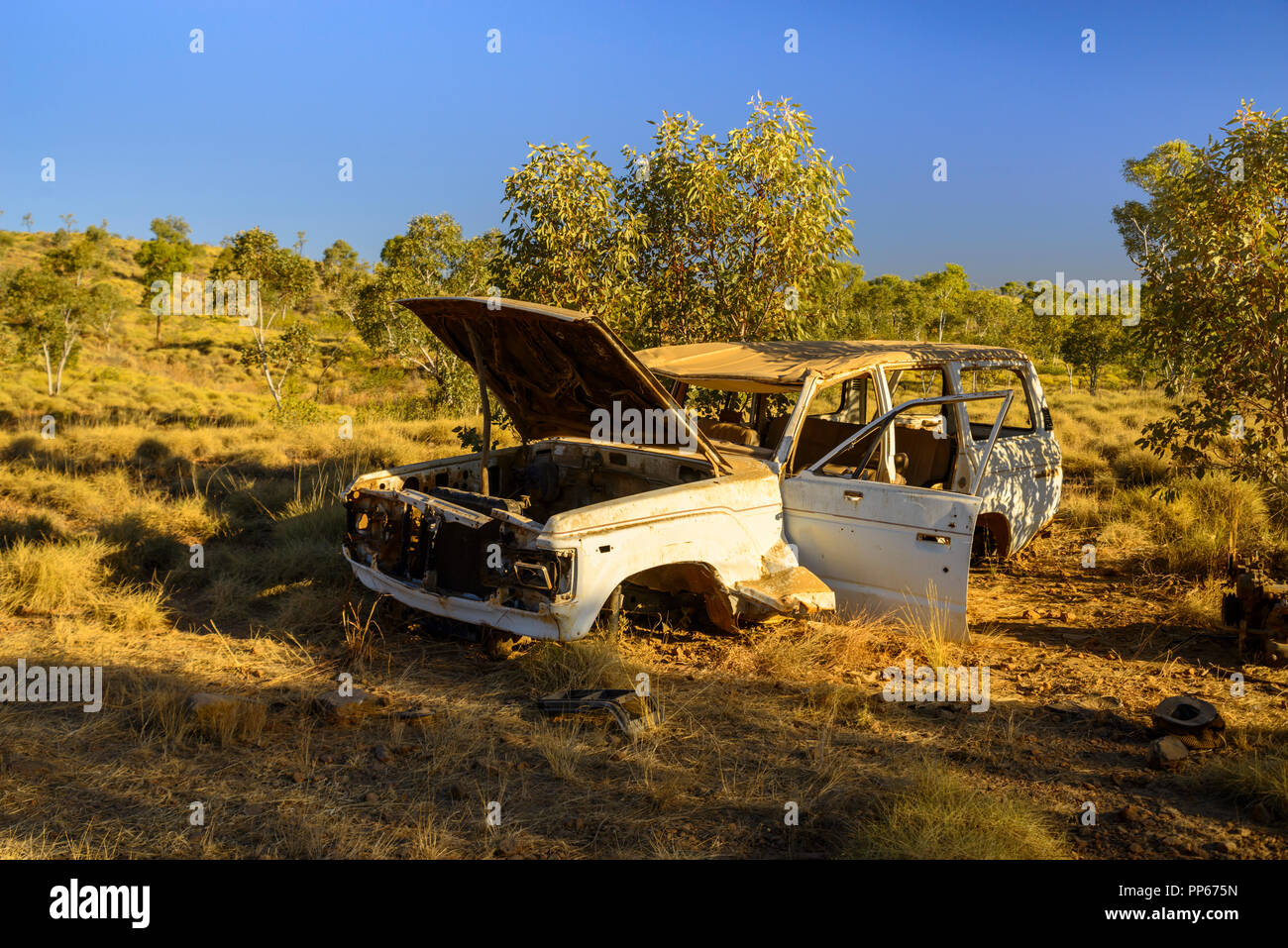 white car wreck , left behind in the Australian Outback, Australia ...