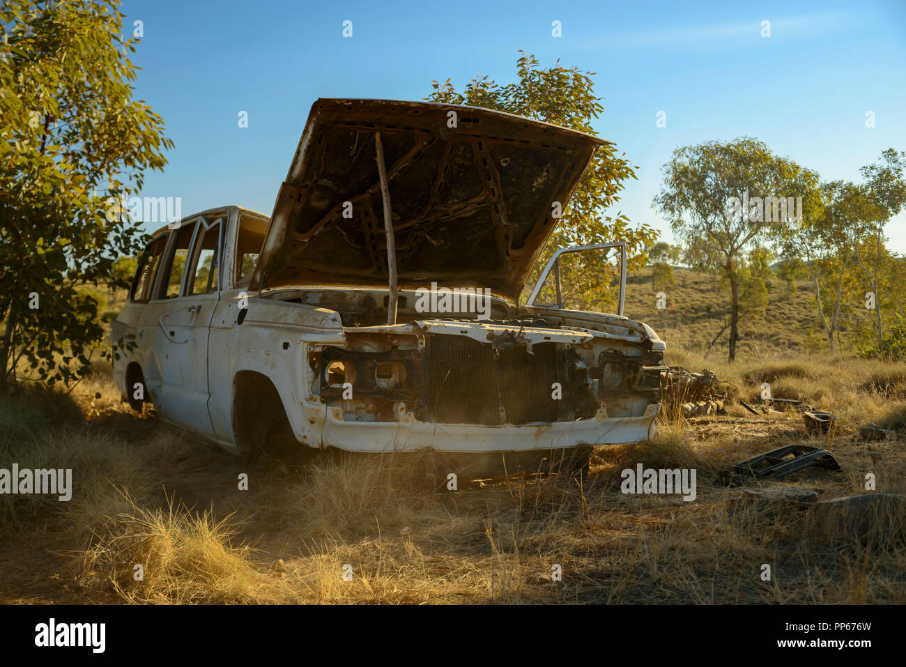 white car wreck , left behind in the Australian Outback, Australia ...